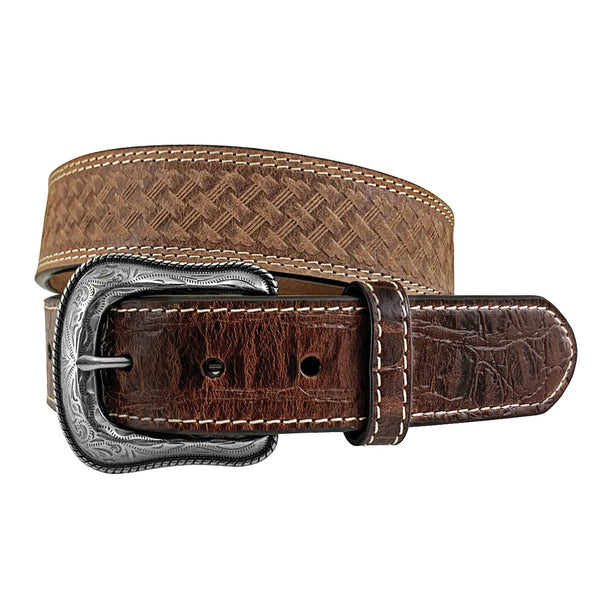 Roper Mens Belt | Basketweave with Croc Emboss | Brown - Hiscocks